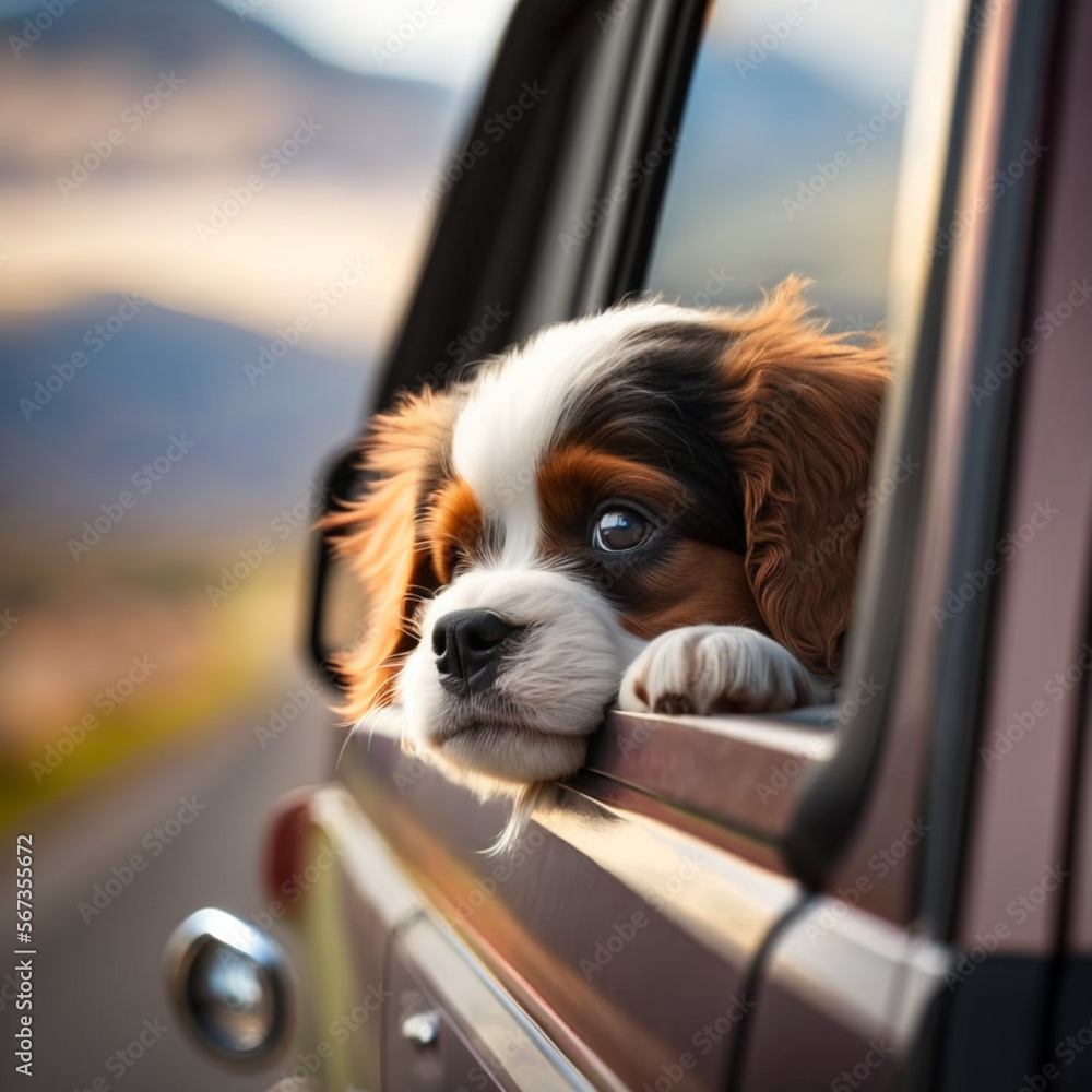 Sad puppy hanging out car window Stock Illustration | Adobe Stock