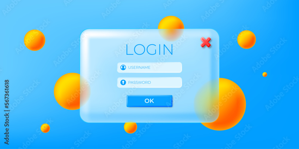 Login 3d glassmorphic form, template for website page.User profile ...