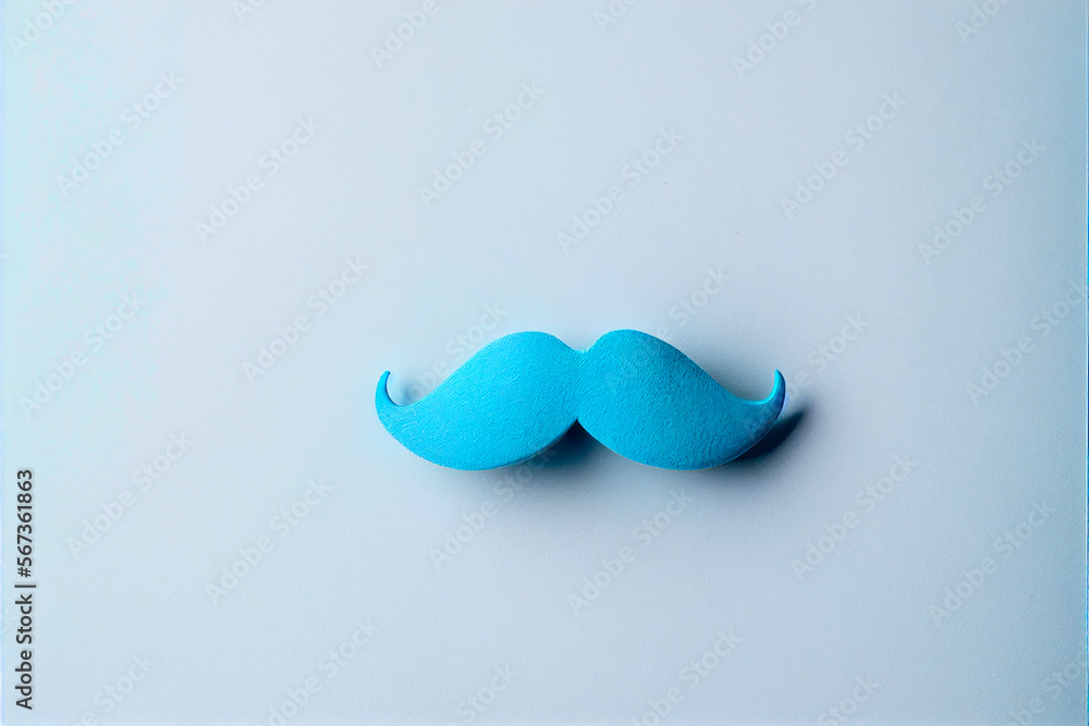 Blue paper mustache on a blue background. Flat lay, minimal design, top ...
