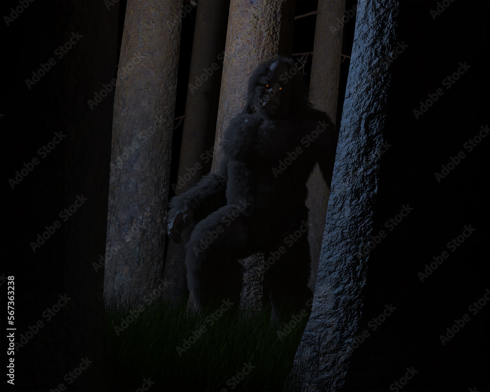 3d illustration of a Bigfoot Sasquatch Cryptid in a forest revealed by ...