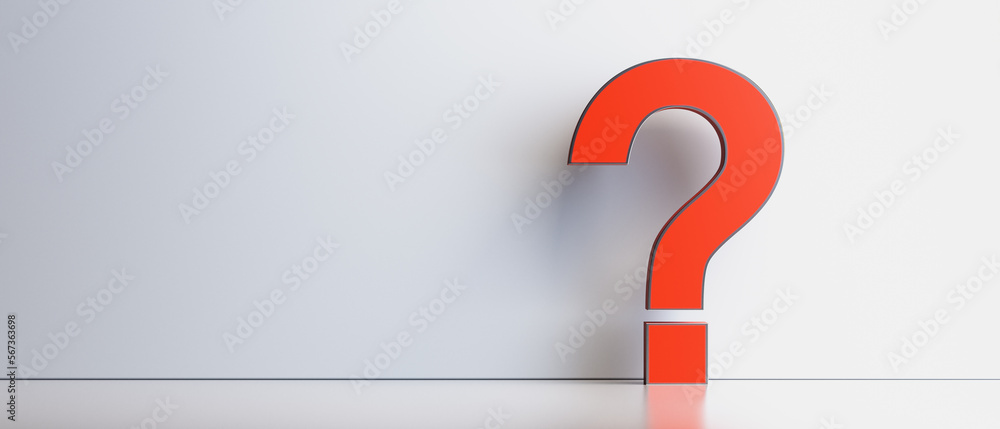 Red question mark on white background with empty copy space on left ...