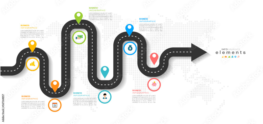 Navigation map infographic 6 steps timeline concept. Winding road ...