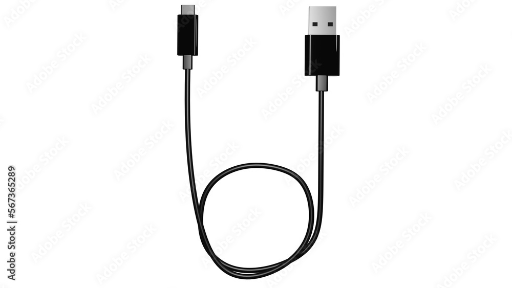 Black USB micro USB cable isolated on transparent background. Minimal ...