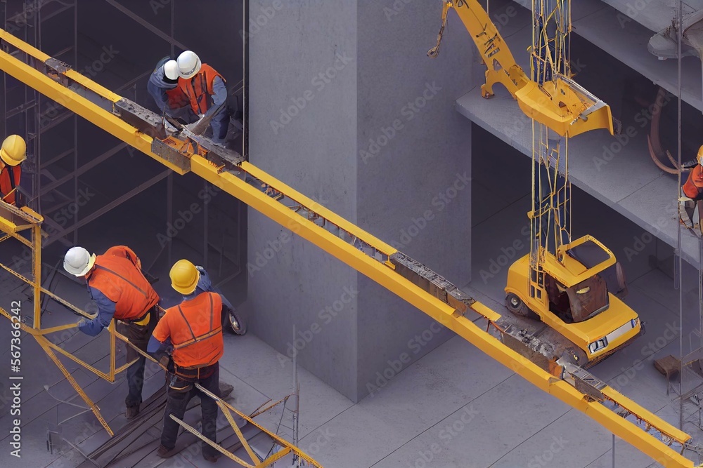 Construction workers working on Construction machine. Aerial platform ...