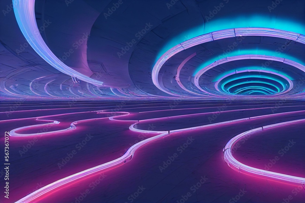 Futuristic HDRI underground interior with glowing blue and pink neon ...