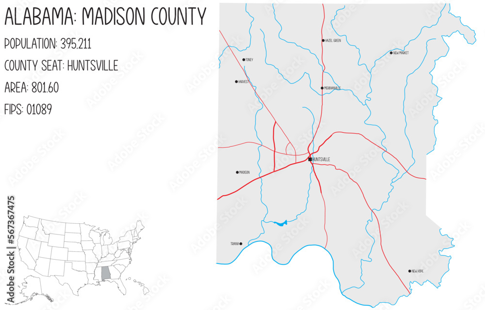 Large and detailed map of Madison county in Alabama, USA. Stock Vector ...