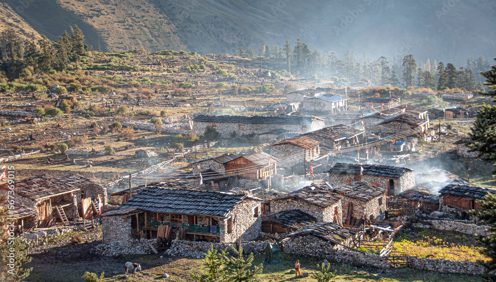 View of Shayala village stone houses, located at the foot of Kutang ...