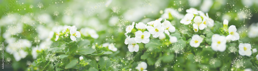 Different focused particles of pollen in a flower field. Flowers in ...