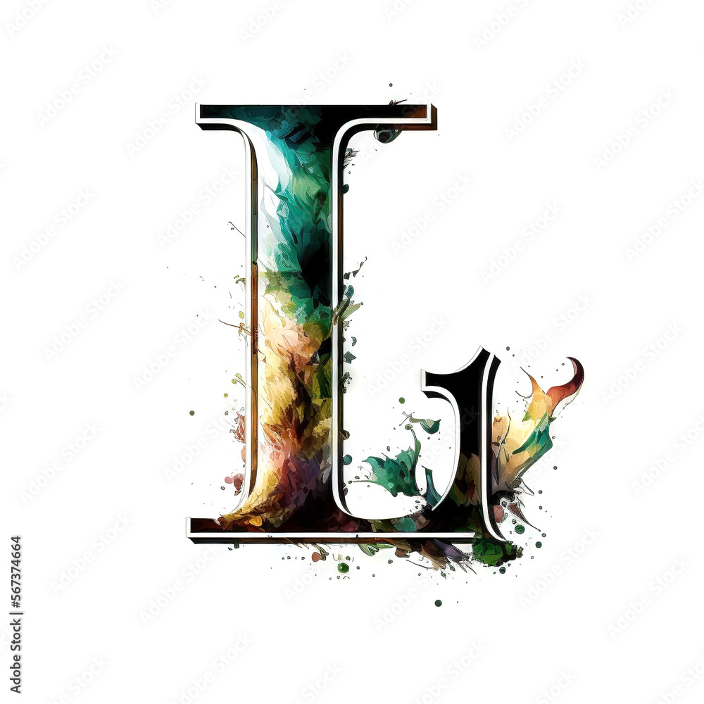Alphabet with watercolor patterns. The letter l. Isolated white ...