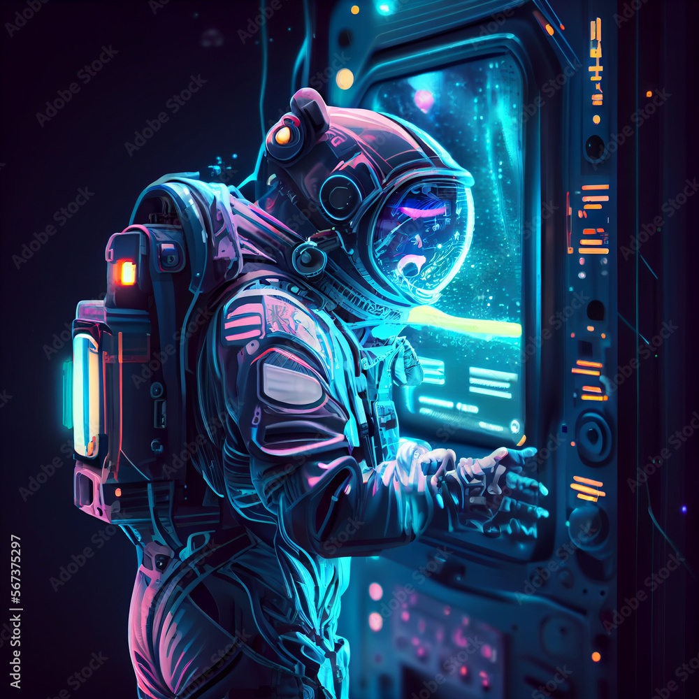 Retrowave Neon 3D illustration of space suit wearing male figure ...