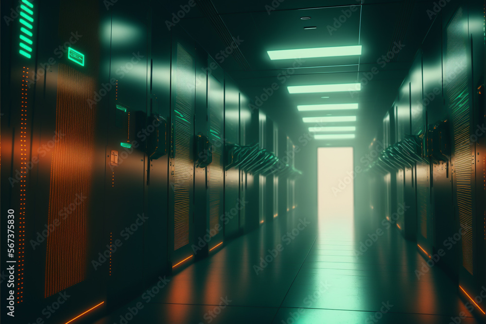 A vibrant image of a modern data center reveals an array of powerful ...