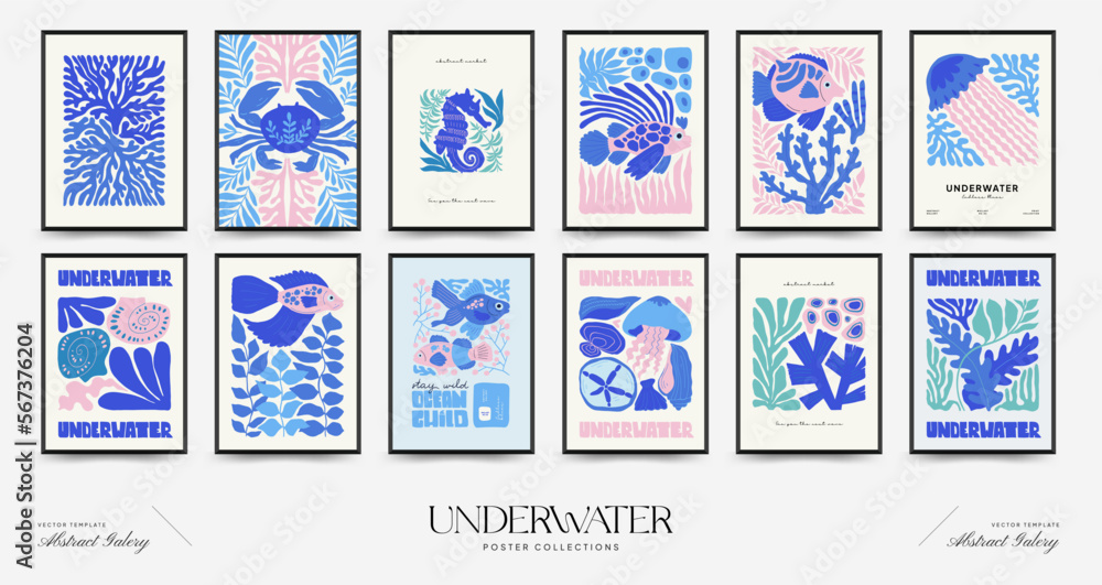 Underwater world, ocean, sea, fish and shells vertical flyer or poster ...