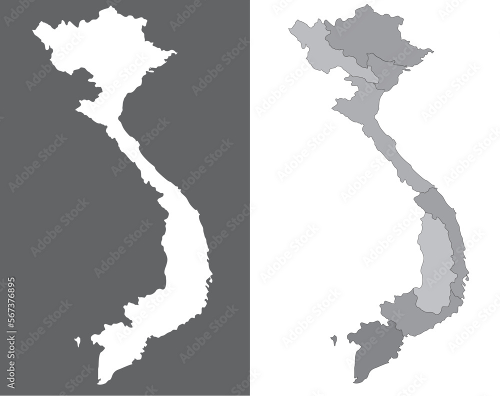 Map of Vietnam set with administrative six regions, grey color Stock ...