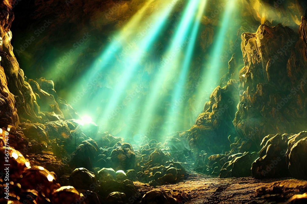 Fantasy setting gold mine tunnel with glittering gold, colorful jewels, and other minerals. AI ...
