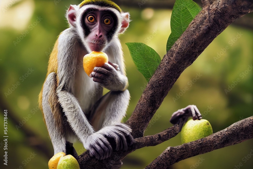 Vervet monkey eating fruit in a tree. Generative AI Stock Illustration ...