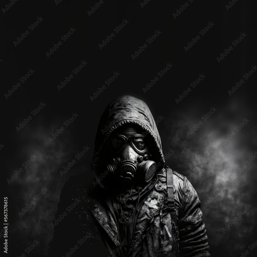 person with a gas mask in dark smoke, oppressive depressed mood,war ...
