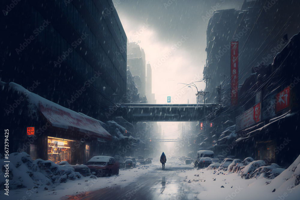 Abandoned Tokyo City in the future. Empty roads and a dystopian ...