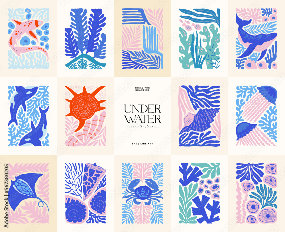 Underwater world, ocean, sea, fish and shells vertical flyer or poster ...