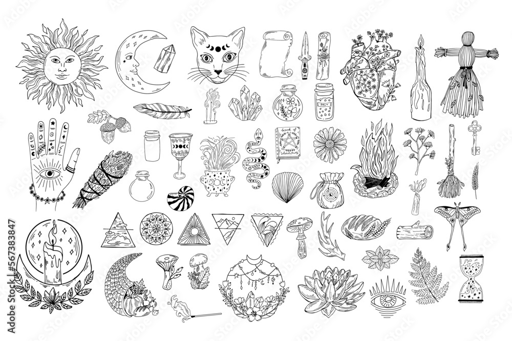 Black outline witchcraft symbols clipart. Book of shadows, deer horn ...