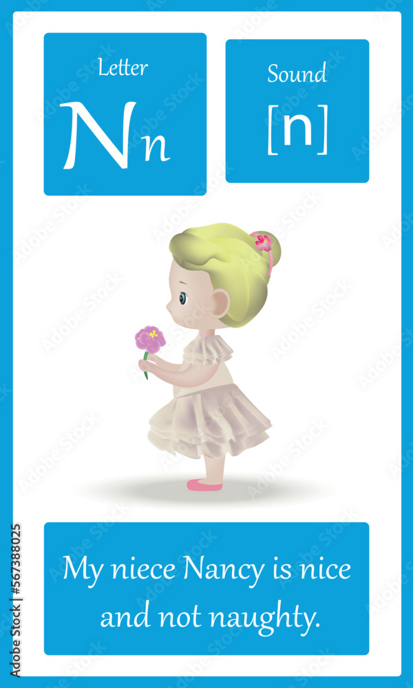 Colorful alphabet letter N. Phonics flashcard with sound. Letter N for ...