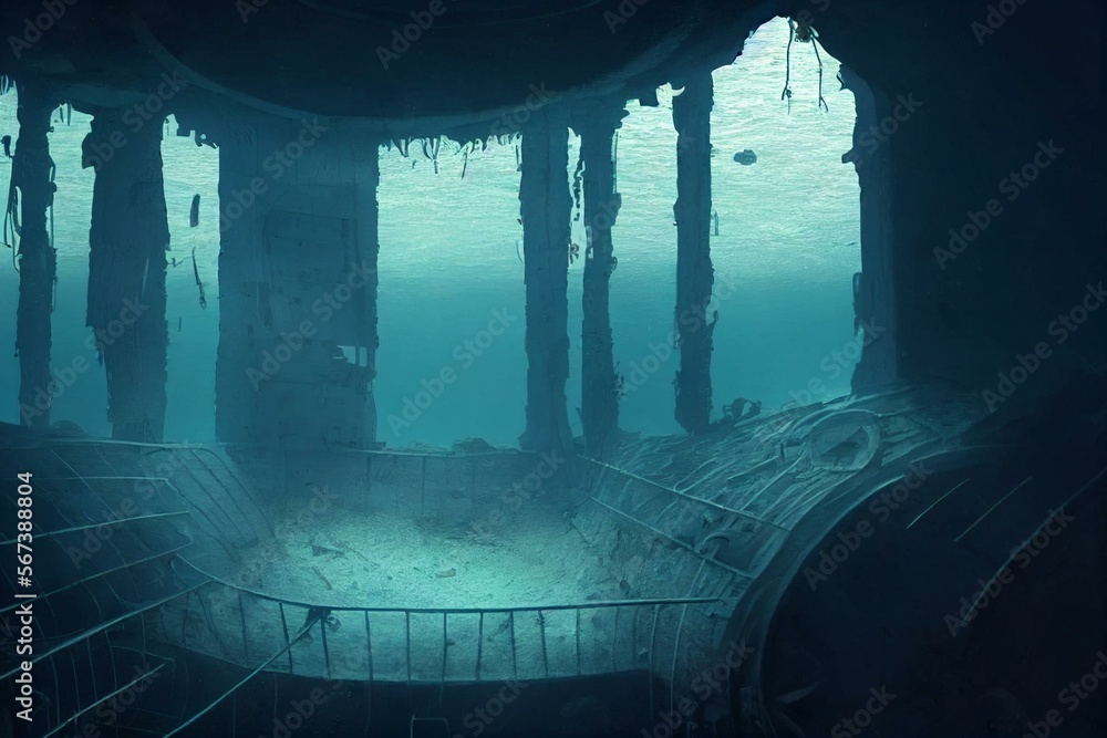 Interior of a sunken ship. Underwater illustration featuring a rusting ...