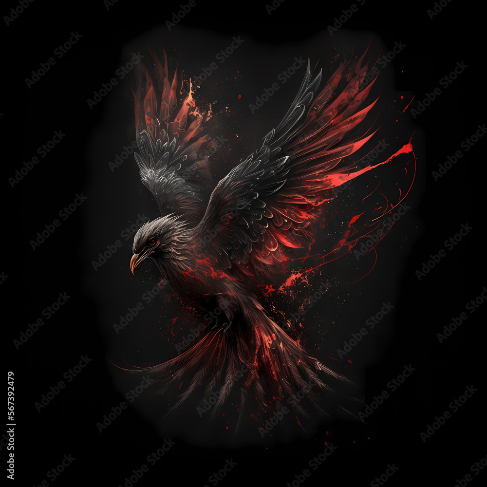 red Phoenix bird on black background, flying with its wings up in the ...