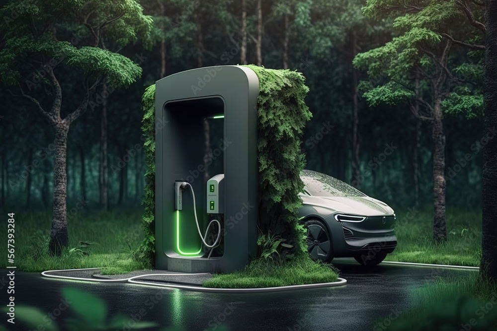 Photo The EV car is charging electrical fuel at the EV station in ...