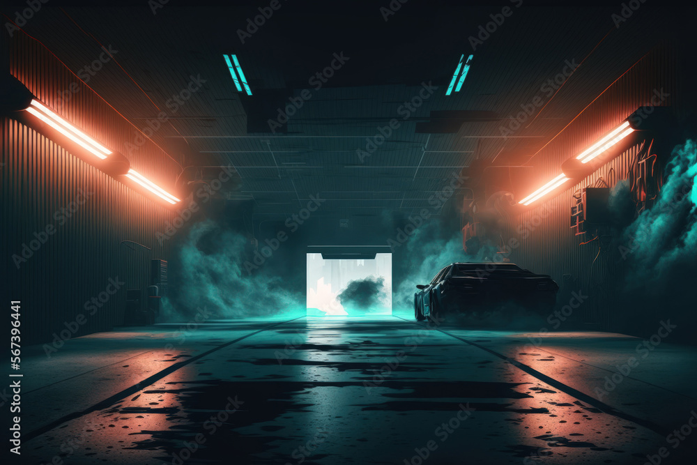 Dark roadway, asphalt, an empty scene in the shadows, neon lights, and ...