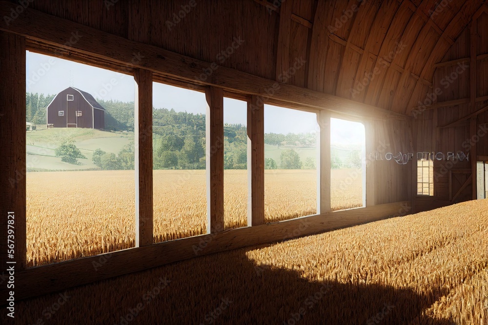 Interior of a wooden haystack barn in a rural community. Illustration ...