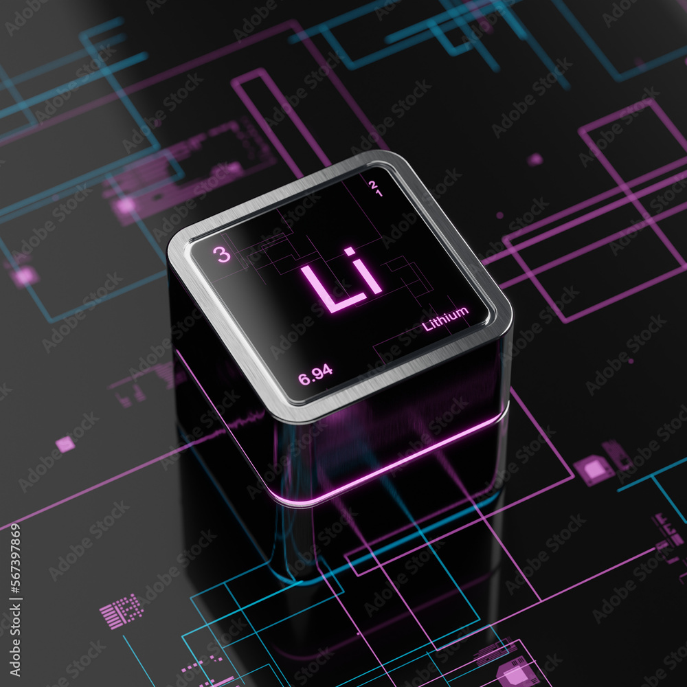 Lithium element symbol in periodic table, metallic cube with LCD black ...
