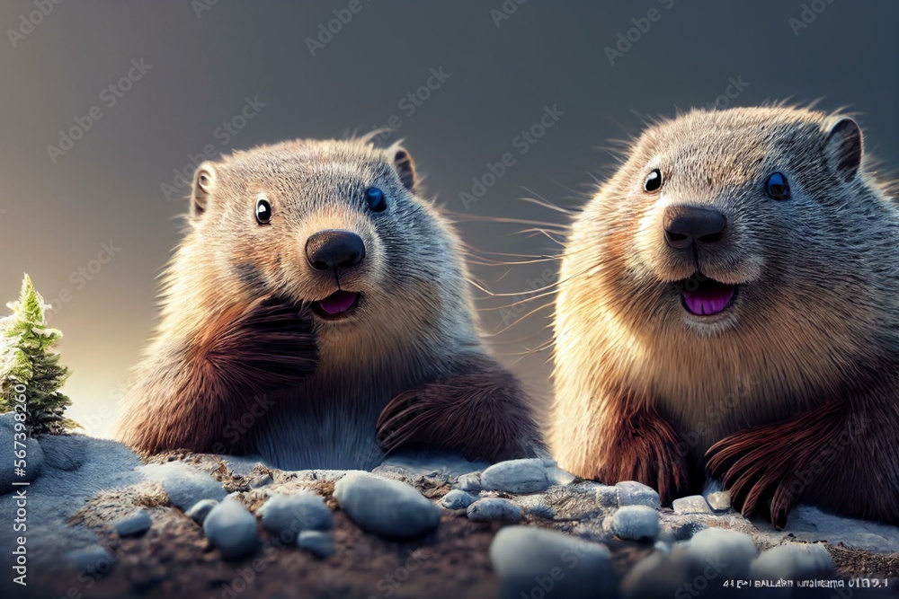 Snowy Groundhog Day Adorably Celebrated by Cute Smiling Groundhog ...