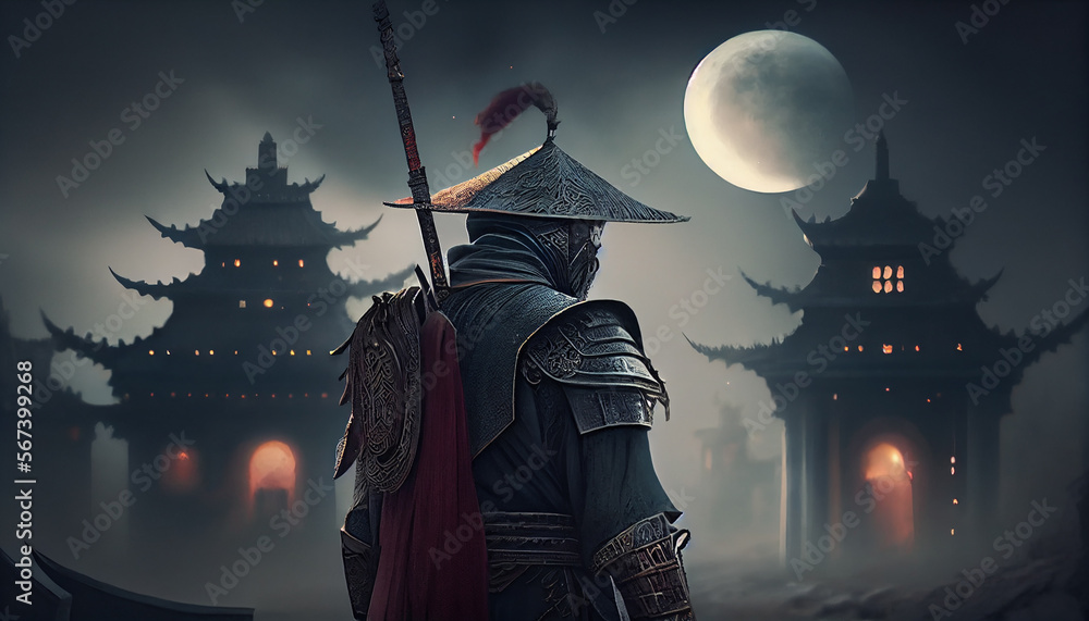 Chinese warrior, long sword, burning castle, gray sky. Stock ...