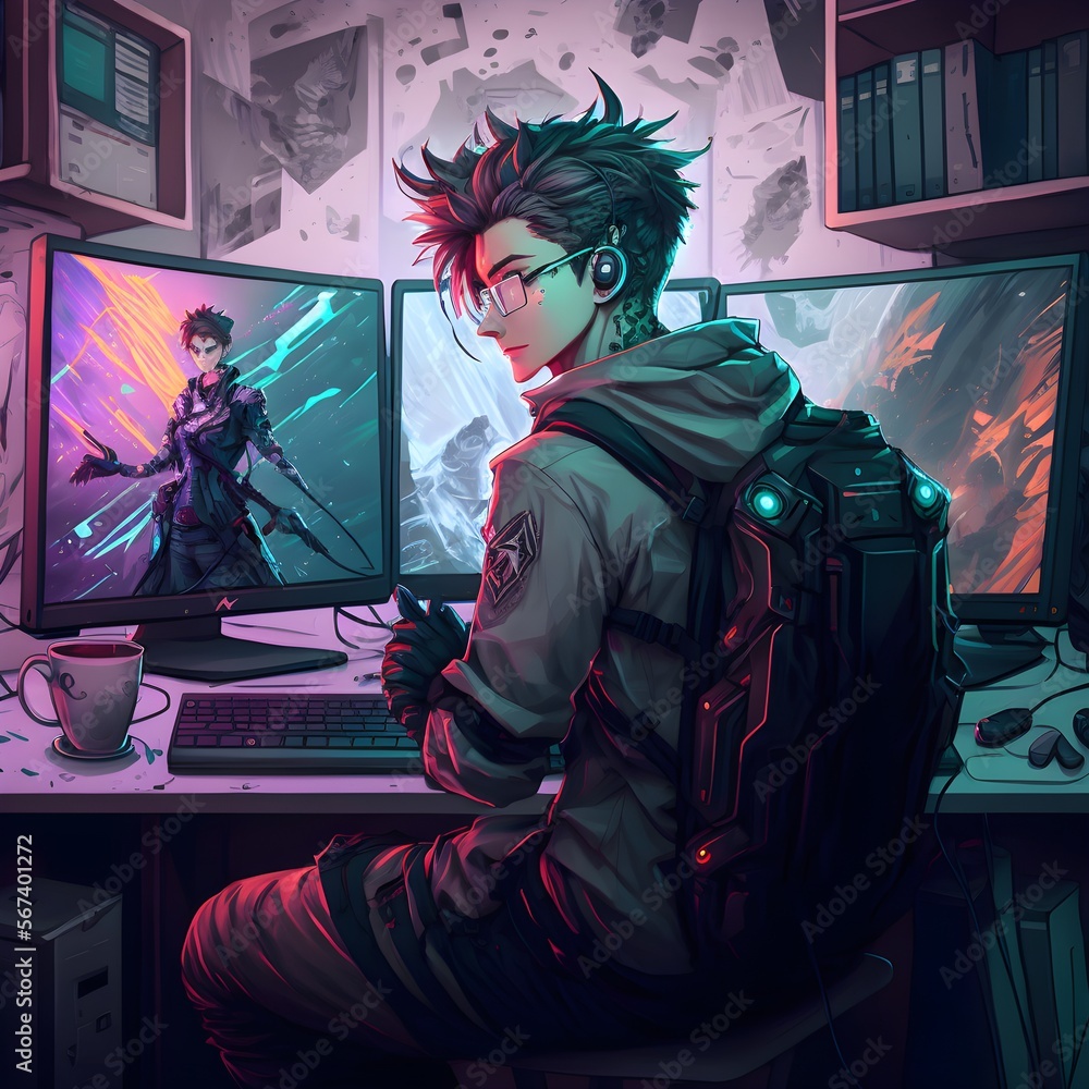 elegant male anime character having fun on a gaming pc wallpaper ...