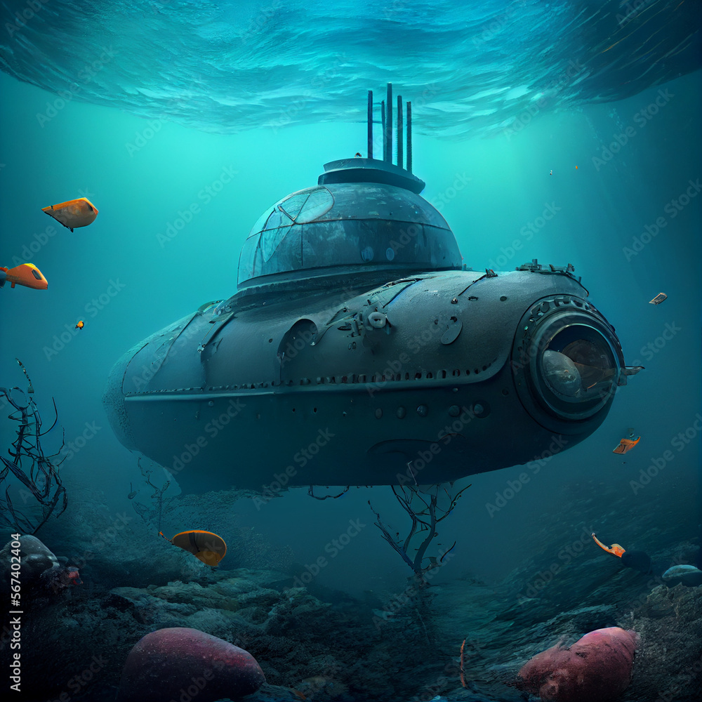 Submarine underwater with fish on the sides, cartoon style ai art Stock ...