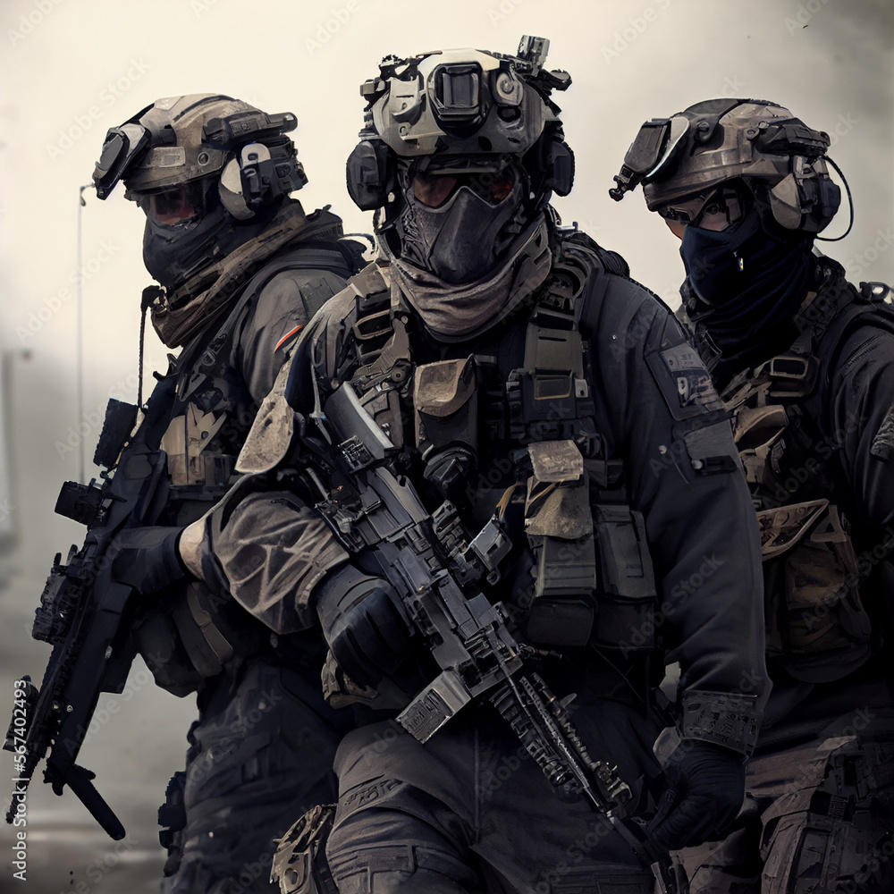 soldiers in camouflage, special forces wearing gear looking towards ...