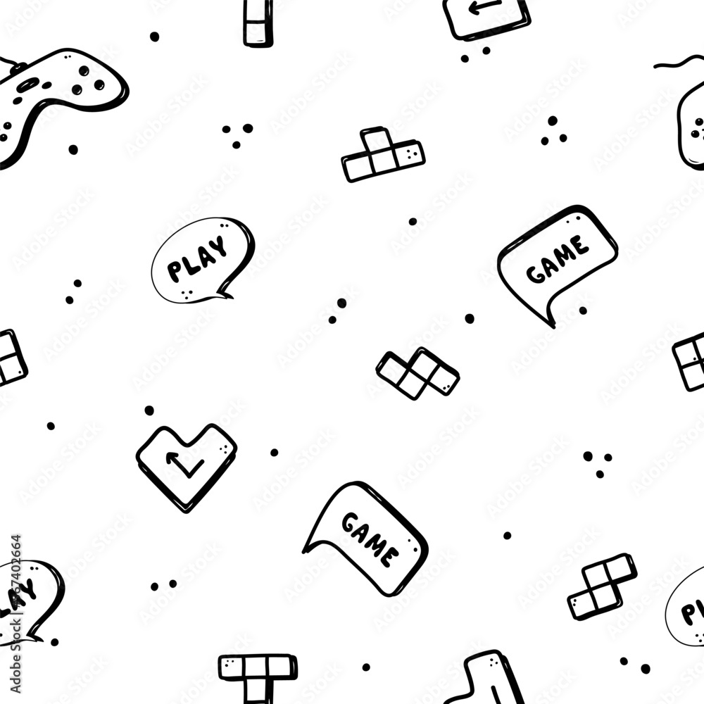 Retro vibe doodle pattern. Video game hand drawn doodle seamless ...