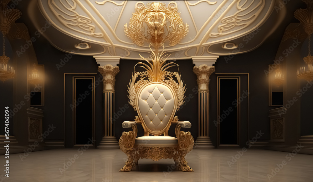 The Throne Room with Red royal chair on a background of red curtains. A ...