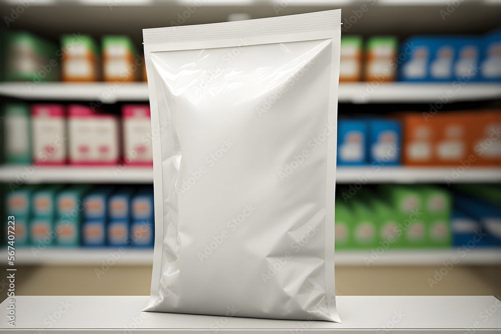 blank white plastic bag with zip-lock mockup on grocery store shelfs ...