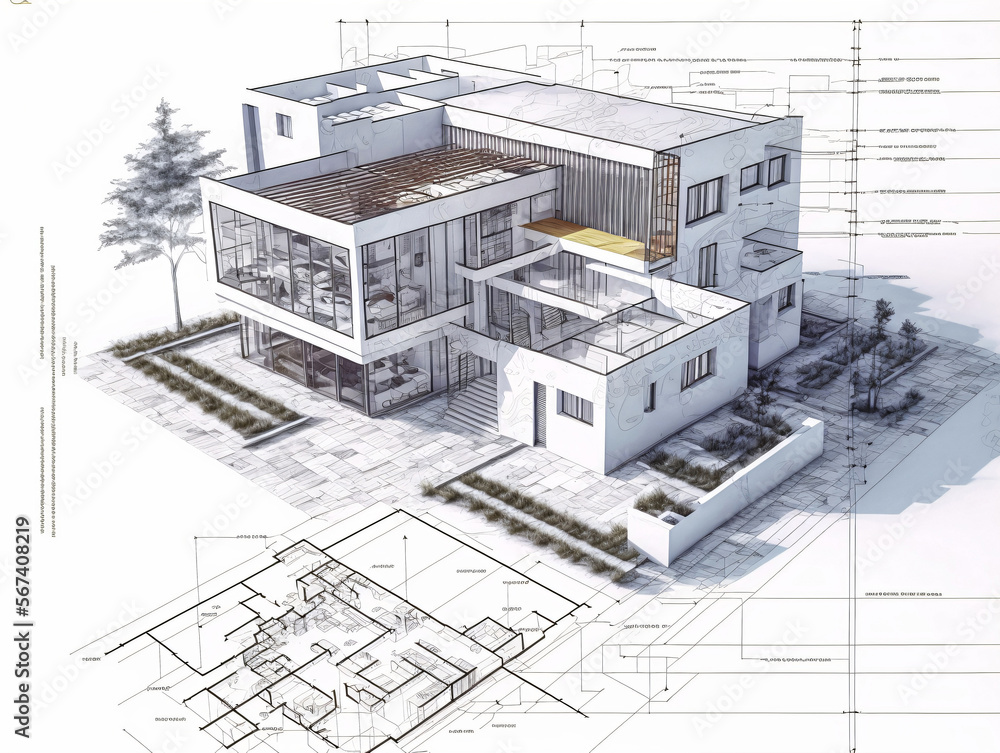 building project plan blueprint of a modern house. Designed using ...
