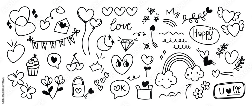 Set of valentine doodle element vector. Hand drawn doodle style ...