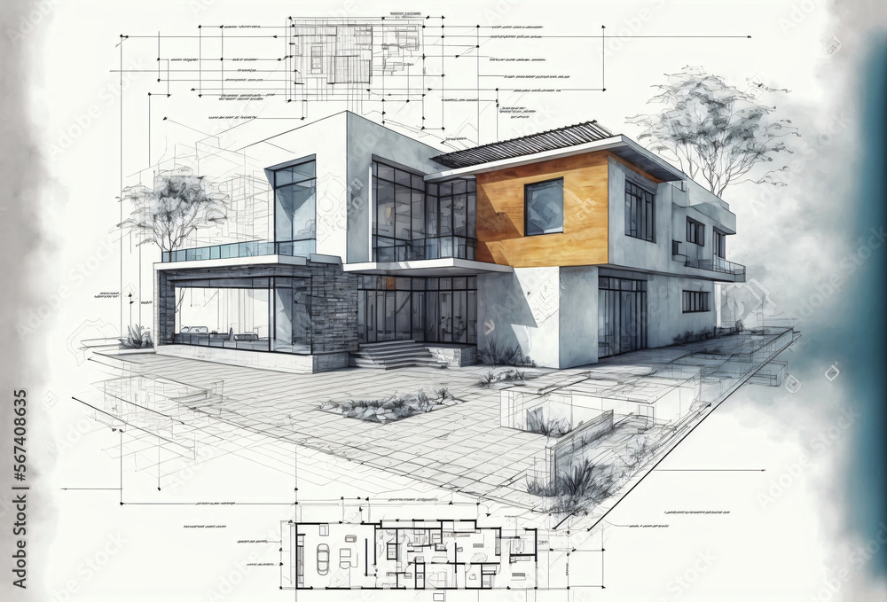 building project plan blueprint of a modern house. Designed using generative ai Stock ...