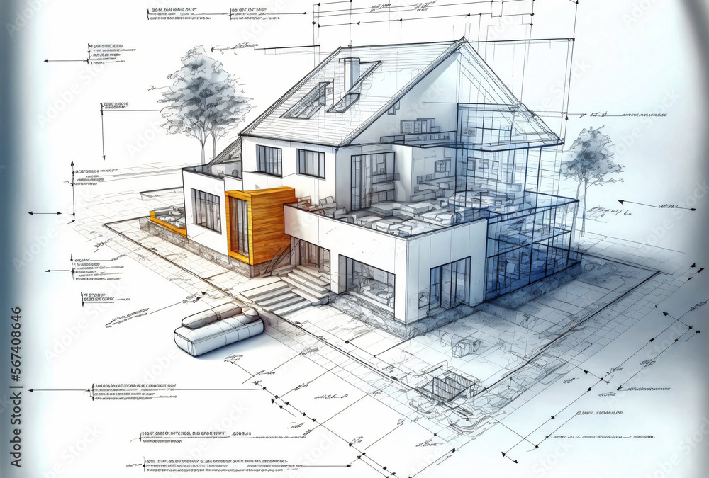 building project plan blueprint of a modern house. Designed using generative ai Stock ...