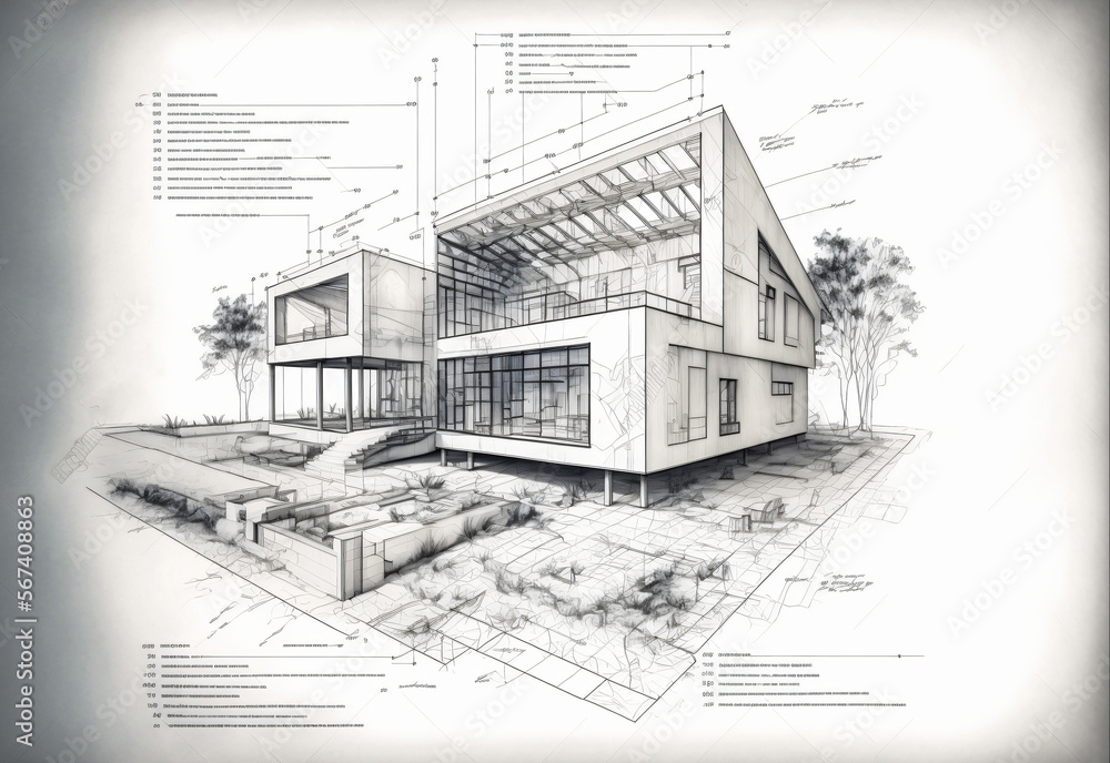 building project plan blueprint of a modern house. Designed using generative ai Stock ...