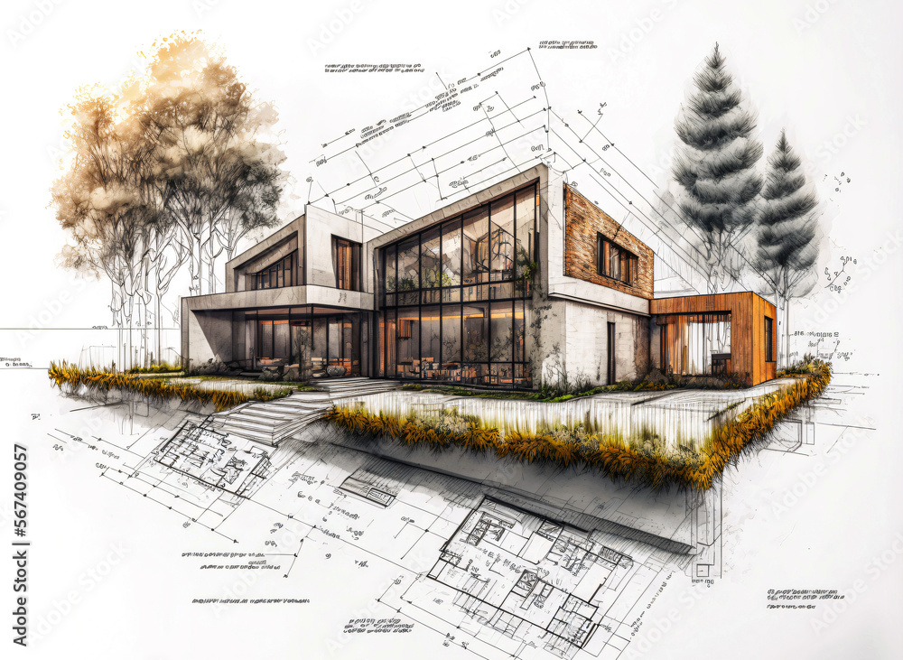 building project plan blueprint of a modern house. Designed using ...