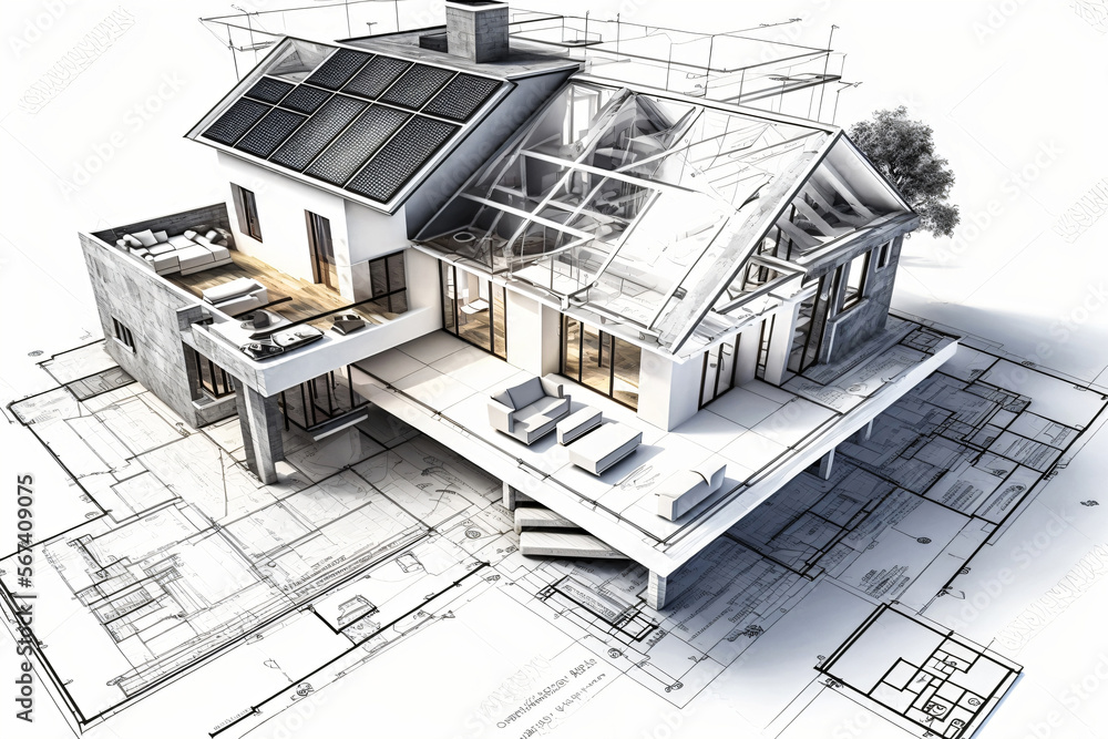 building project plan blueprint of a modern house. Designed using generative ai Stock ...