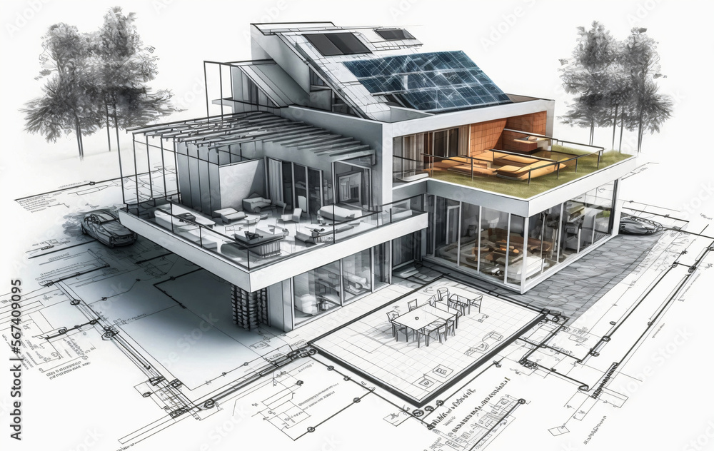 building project plan blueprint of a modern house. Designed using generative ai Stock ...
