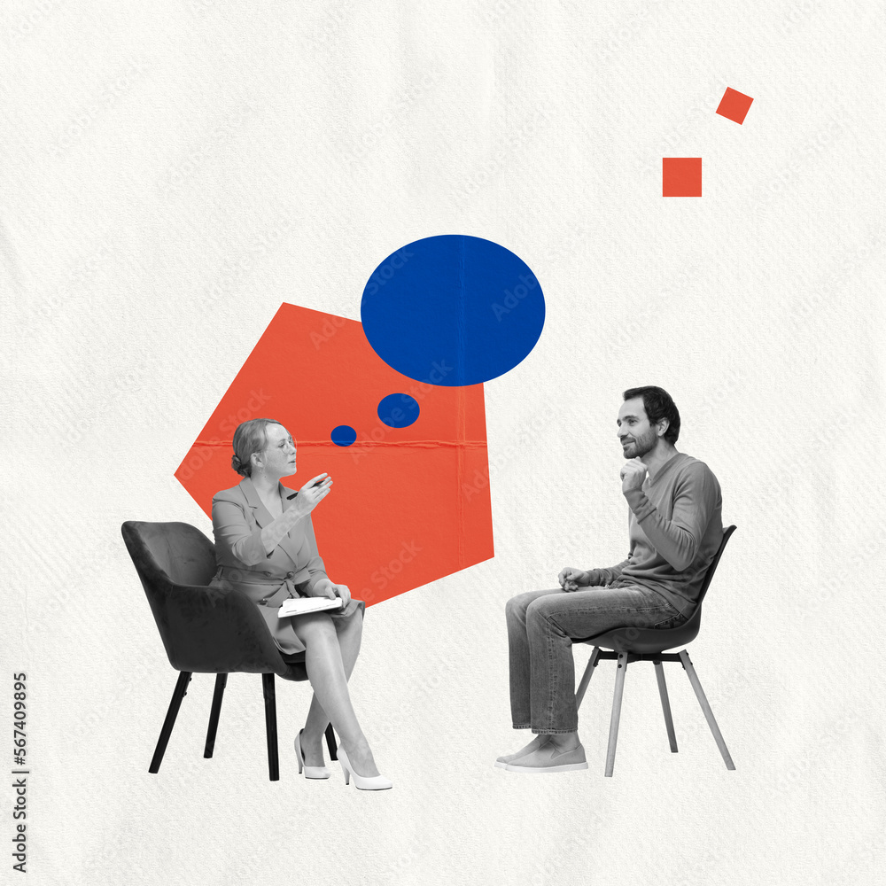 Contemporary art collage about young man meeting with professional ...