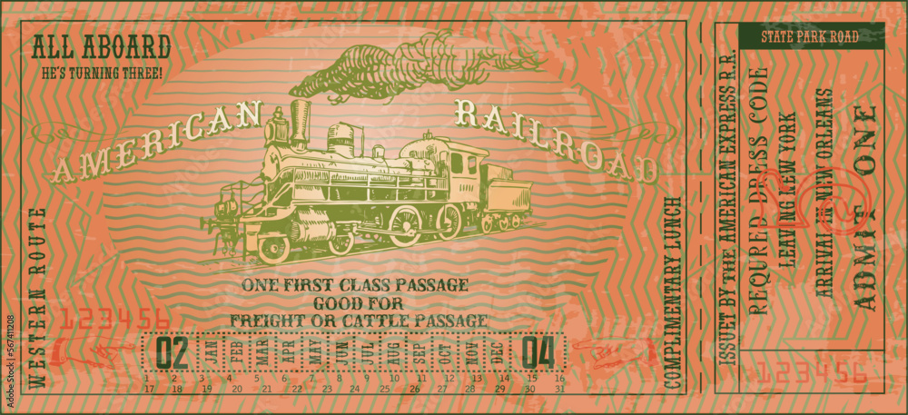 vector image of old vintage american western rail train ticket Stock ...