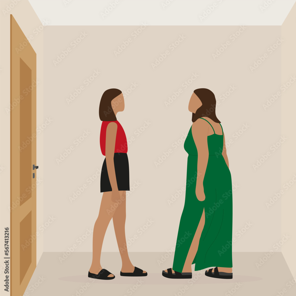 Two female characters, one of which is fat, together in an empty room ...