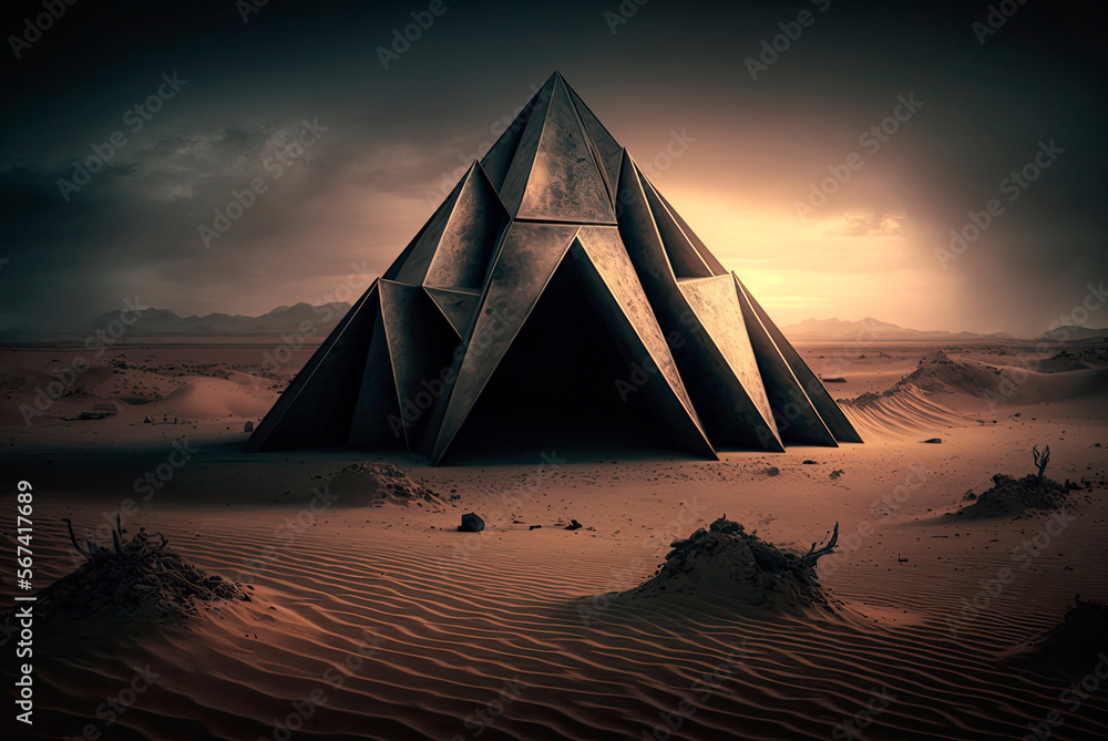 Futuristic coceptual landscape with metal pyramids with interior light ...